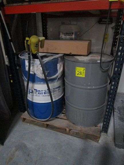 PALLET, (3) DRUMS OF PARATHERM HEAT TRANSFER FLUIDS AND OIL PUMP ...