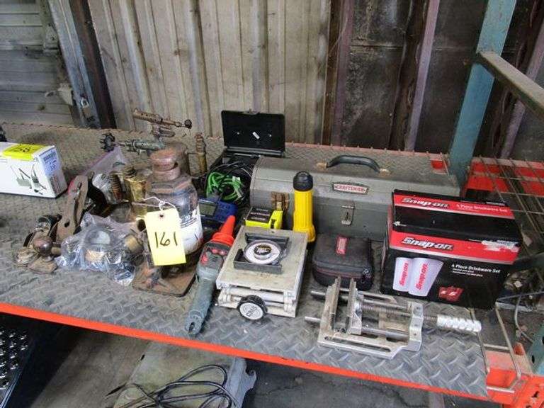 LOT, ASSORTED HAND TOOLS, HITCHES, TORCH CANS, SMALL TOOL BOX, CISE ...
