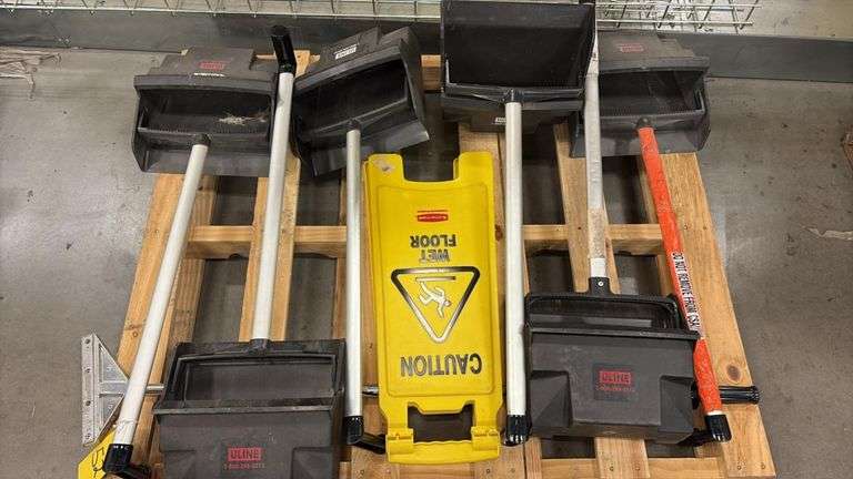 Uline Cleaning Equipment Set, Includes Dustpans, Brooms, Wet Floor Sign ...
