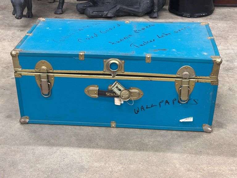 Blue Metal Trunk With Brass Details - Ryan Cate Auctions and Real Estate