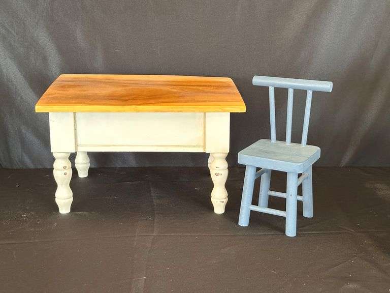Mini Wooden Table with Storage and Blue Chair - Ryan Cate Auctions and ...