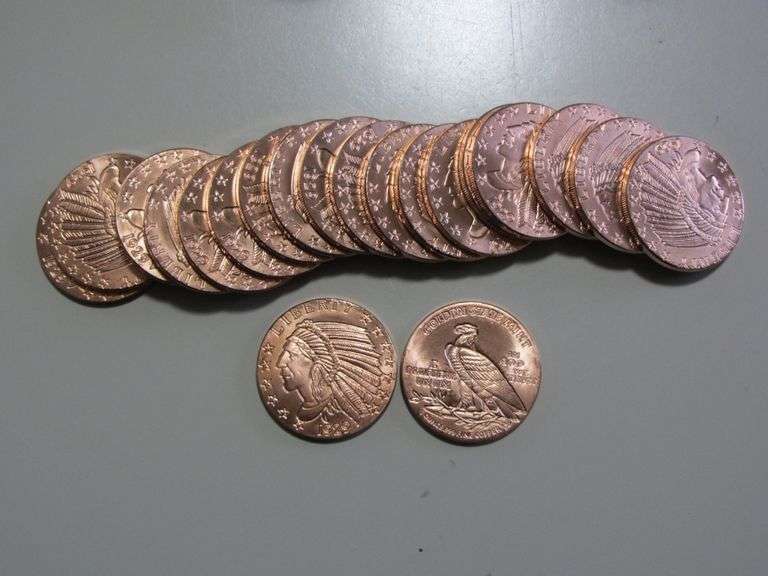 ROLL OF 20 1 OUNCE .999 PURE COPPER ROUNDS INCUSE INDIAN DESIGN - Star ...