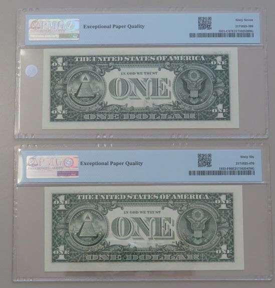 $1 2006 AND 1995 MATCHING SERIAL NUMBER NOTES GREAT SET PMG 66/67 EPQ ...