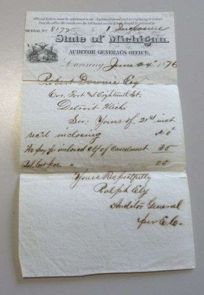 VERY COOL HISTORICAL NOTE MICHIGAN 1876 TOP FOLD TEAR - Star Coin and ...