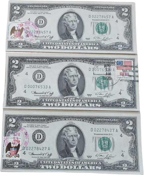 Vintage 1976 US $2 Dollar Bill Set with first day issue stamp - Lot of ...