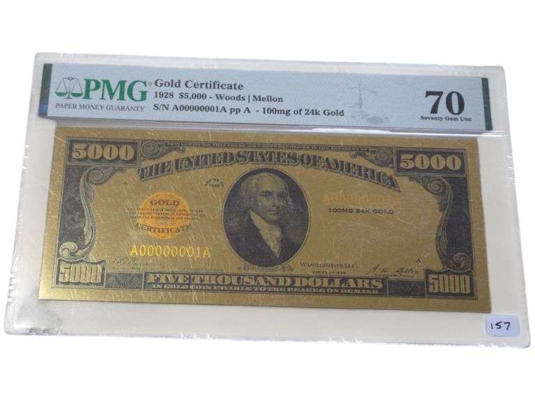 $5,000 1928 GOLD CERTIFICATE 100MG OF 24KT GOLD PMG 70 NOT U.S CURRENCY ...
