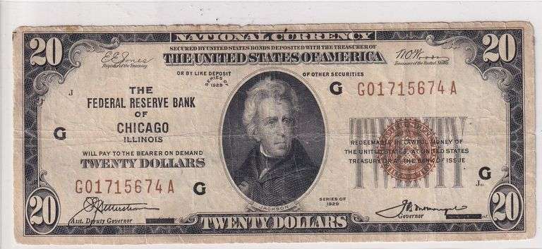 1929 $20 National Currency NoteFederal Reserve Bank of Chicago - Star ...