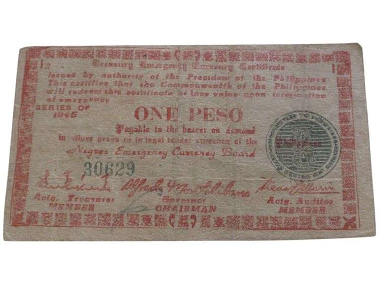 1945 Philippines 1 Peso Emergency Currency Certificate - Negros Mint ...