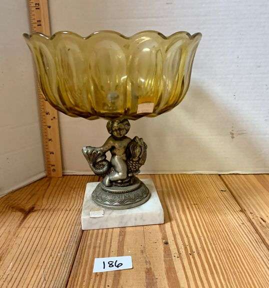 Vintage Amber Glass Compote Bowl Marble Base with Cherub Angel ...