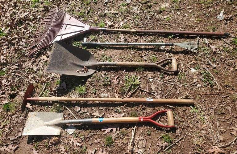 5 pc Square Head Shovel, Telescoping Rake, Double Headed Hoe and More ...