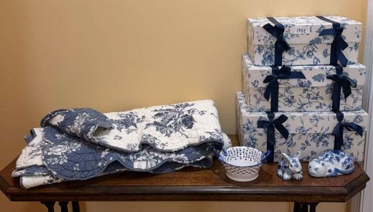 Blue/White Quilted Throw, Stacking Storage Boxes And More(Located In ...