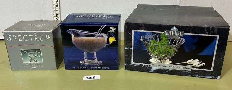 3 pc Lead Crystal Salad Bowl, Dressing Server With Ladle, and Gravy ...