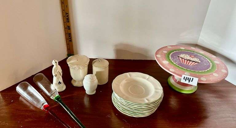 China cake plate, 8 saucers, 4 unmatched salt shakers, 2 long stem ...