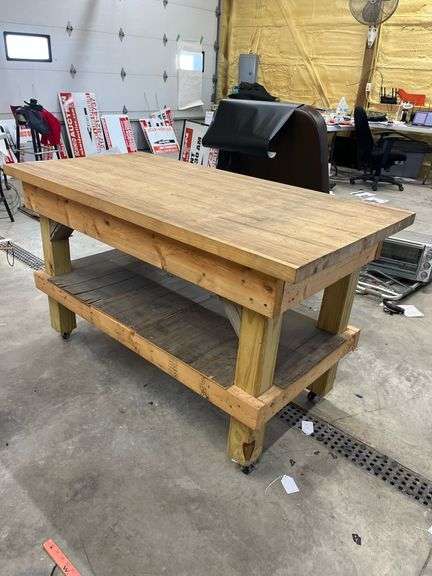 Wooden Work Bench Table with wheels, middle shelf - Schmid Auction