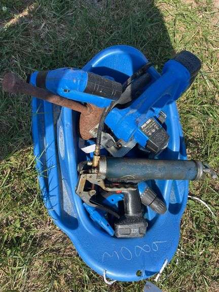 Small snow sled, cordless tools, grease gun, homemade sledgehammer ...