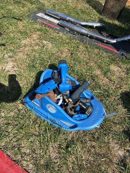 Small snow sled, cordless tools, grease gun, homemade sledgehammer ...