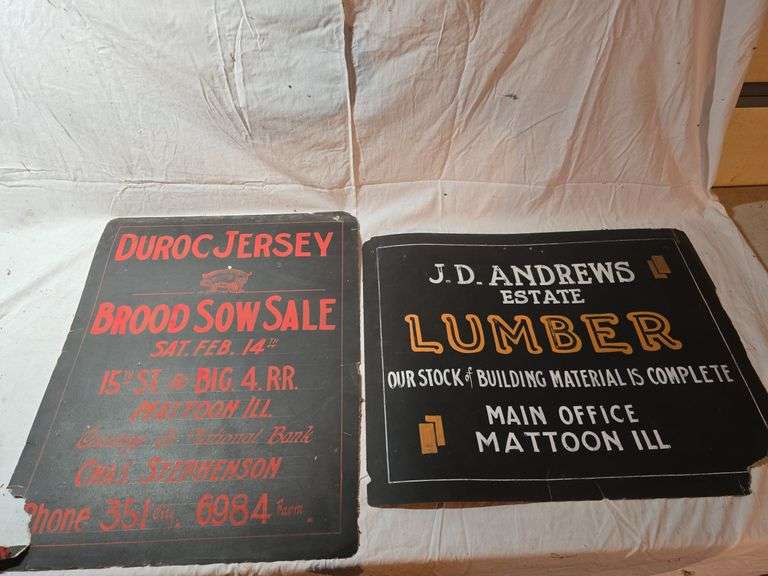Two vintage cardboard signs Mattoon, ILL - Schmid Auction