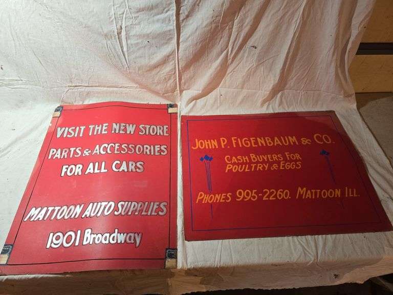 Two vintage cardboard signs Mattoon, ILL - Schmid Auction