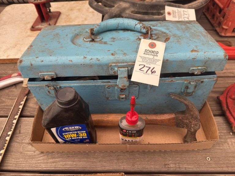 Hammer, toolbox with hardware, paint brush, hammer, motor oil, misc ...