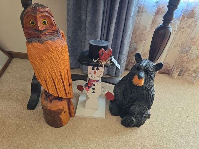 Owl statue carved wood, snowman, bear statue carved out of wood ...