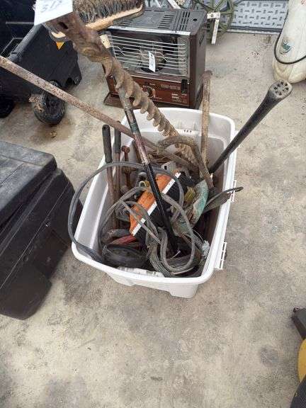 Large bit, scrub brush, jumper cables, branch clippers, brush, cable ...