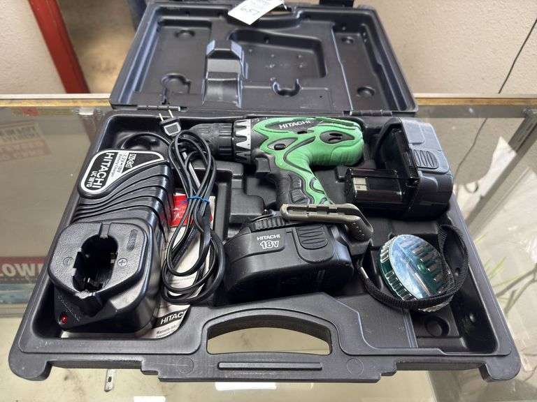 Hitachi cordless drill with 2 18V batteries, charger, and driver bits ...
