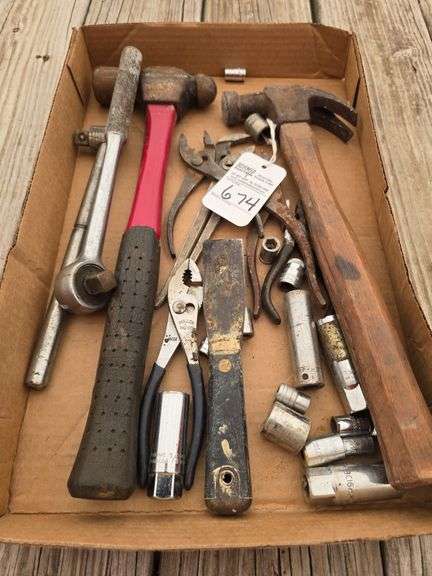 Ratchet 1/2" drive, pliers, channel locks, claw hammer, ball ping ...