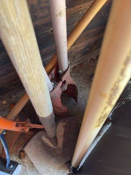 Garden/yard tools, shovels, metal rake, corn scoop, hoe, 3 prong fork ...