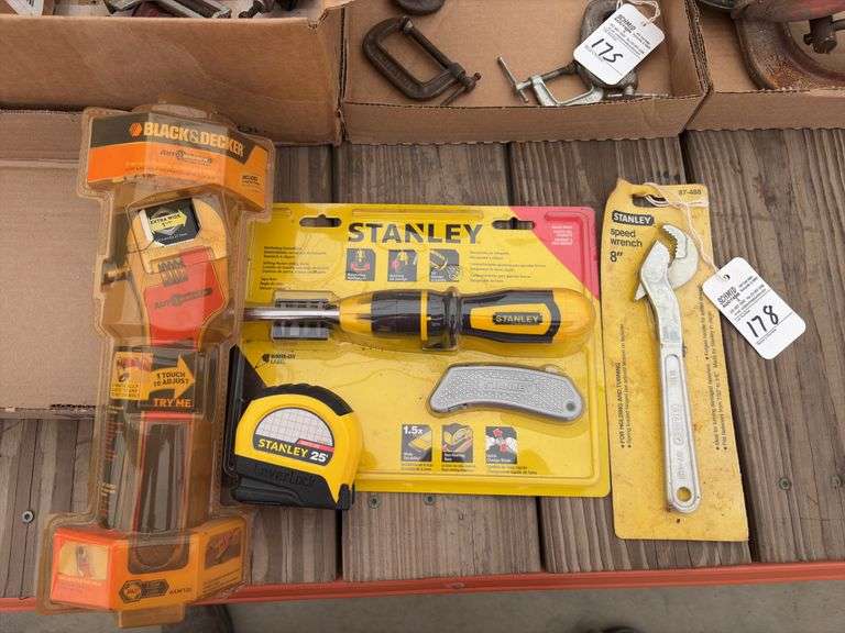 Stanley 8" speed wrench, Stanley knife, 25' tape, ratcheting ...