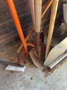 Garden/yard tools, shovels, metal rake, corn scoop, hoe, 3 prong fork ...