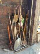 Garden/yard tools, shovels, metal rake, corn scoop, hoe, 3 prong fork ...