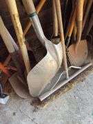 Garden/yard tools, shovels, metal rake, corn scoop, hoe, 3 prong fork ...