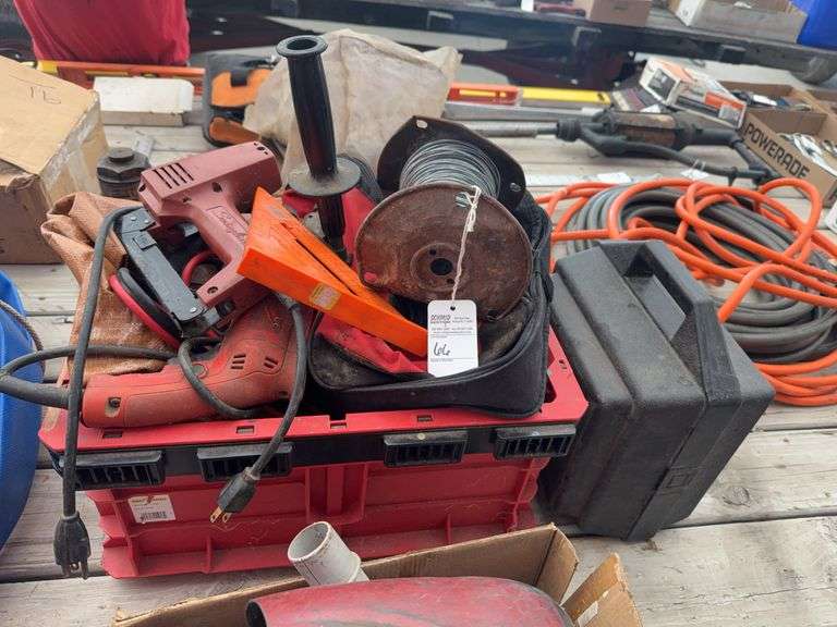 Electric tools, craftsman router, square, jumper cables, tarp, wire ...