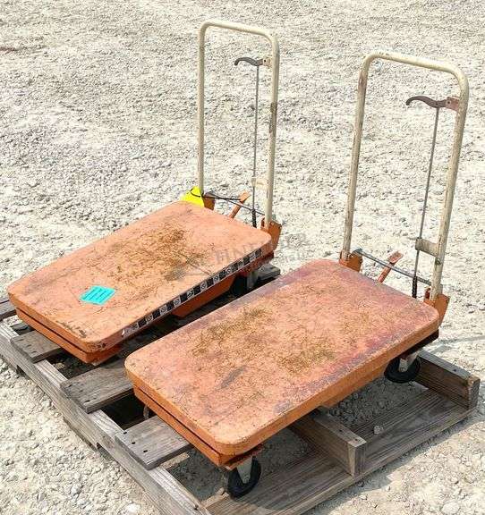 2- Bishamon 18"x28" hydraulic lift shop carts - Schneider Auctioneers LLC
