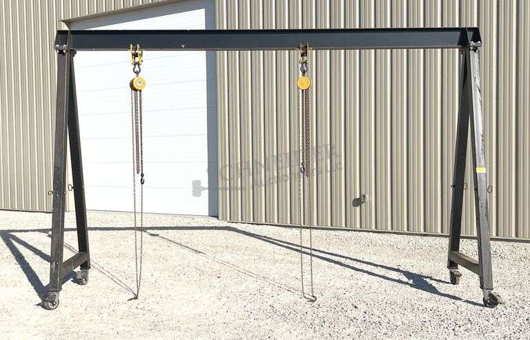 13' wide portable A-frame hoist w/ chain hoists, from the estate of Dr ...