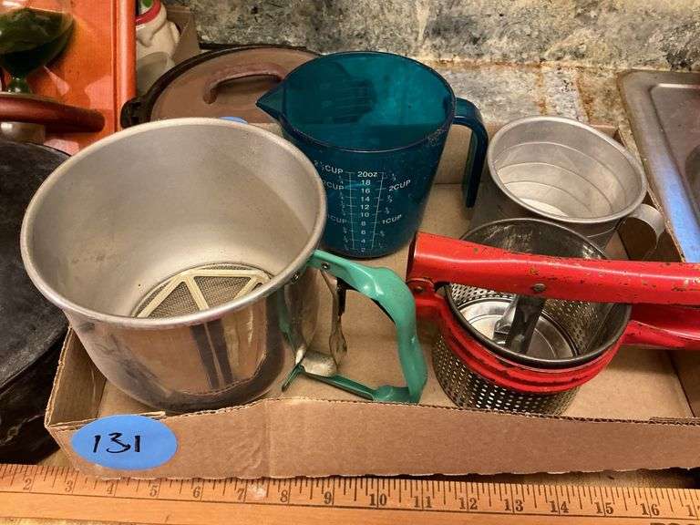 Antique Flour sifter, potato ricer and measuring cup - SCHULTIS & SON, INC.