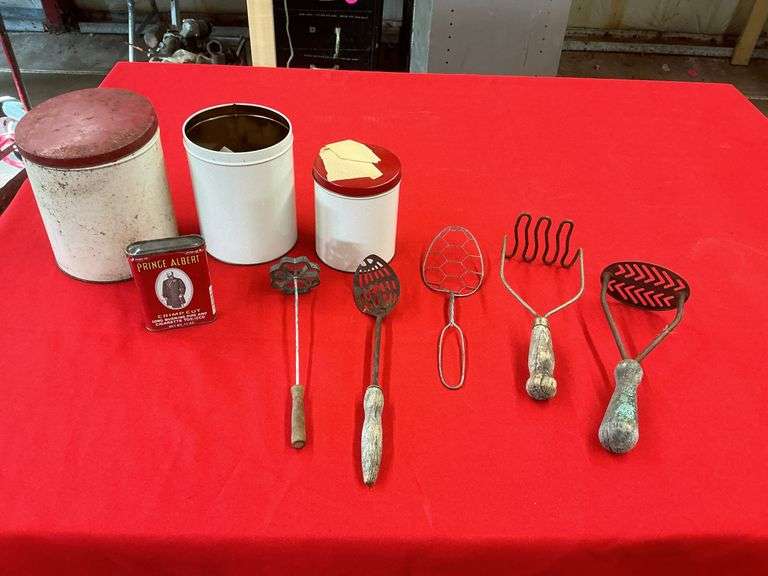 antique canister set made of tin, kitchen utensils and a Prince Albert ...