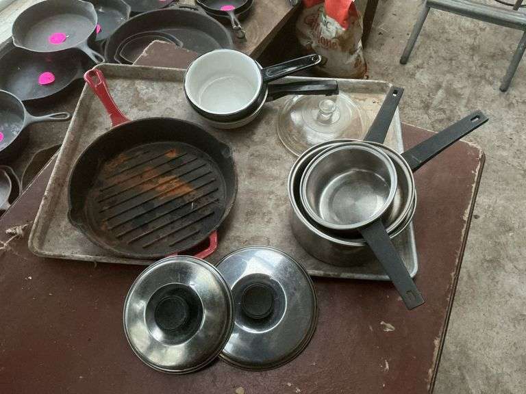 Cast iron red enameled 10 in grill bottom fry pan, 3 stainless steel ...