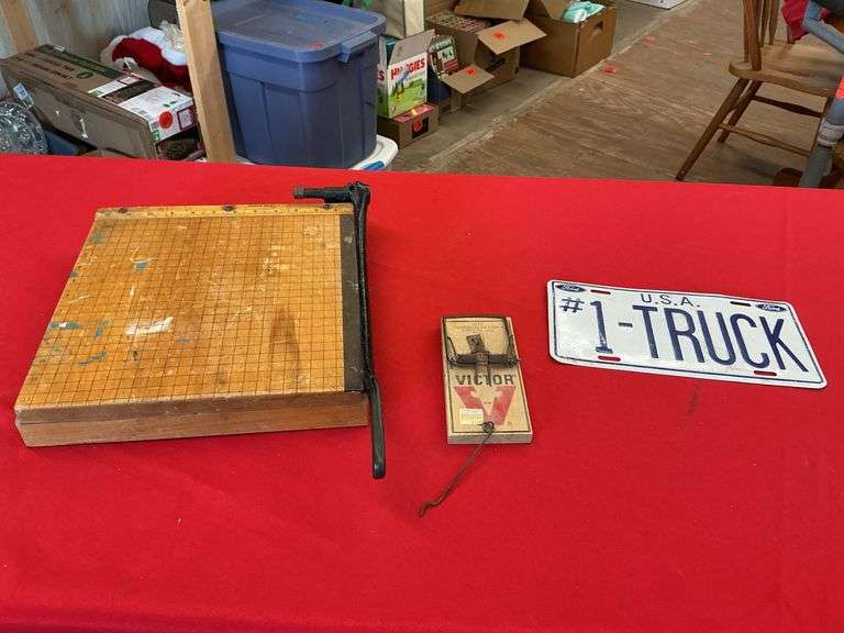 vintage wood paper cutter, big mouse trap, and a Ford license plate ...
