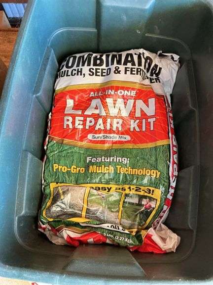 bag of combination mulch seed and fertilizer grass seed, and two ...