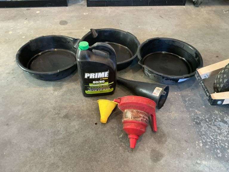 three rubber drain pans- funnels- prime 50/50 antifreeze coolant ...