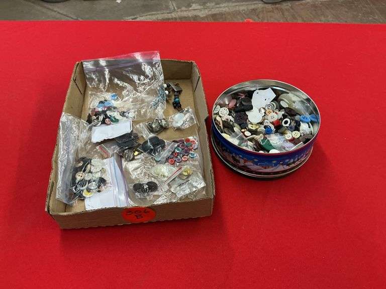 tin full of buttons and a box full of a variety of buttons - SCHULTIS ...