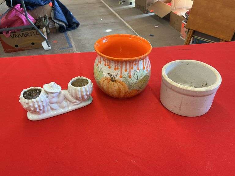 small crock, ceramic fall decorated flower pot and a two flower pot ...