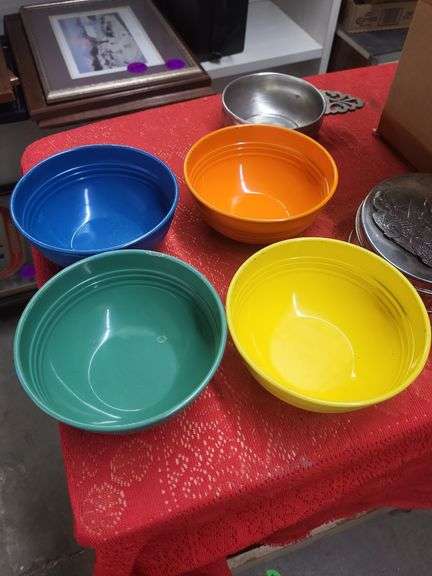 Four colorful tin bowls, rabbit tin, metal dish - SCHULTIS & SON, INC.