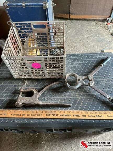 Burdizzo castrator, Little Giant riveter, part of a drill kit and gate ...