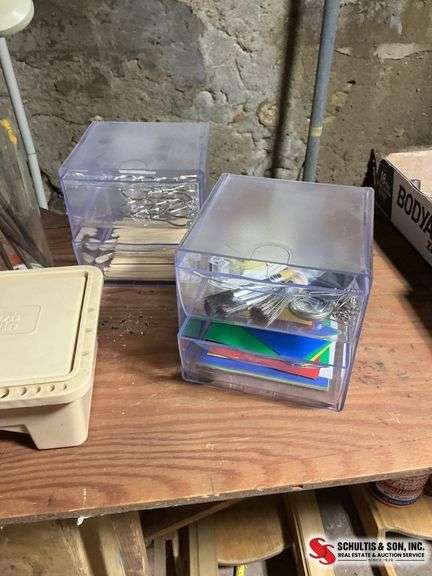 three clear plastic stackable storage drawers - paint brushes ...