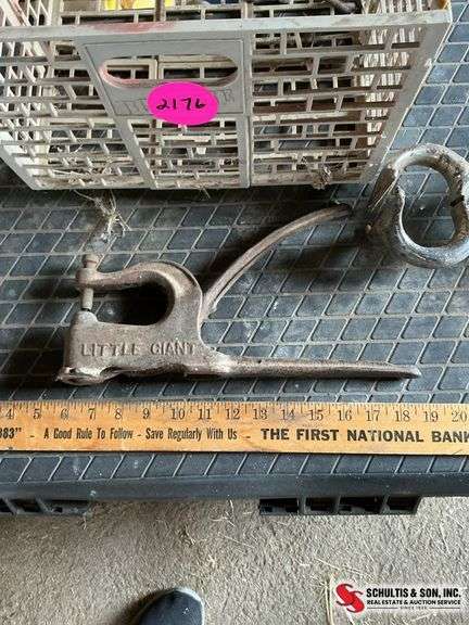 Burdizzo castrator, Little Giant riveter, part of a drill kit and gate ...