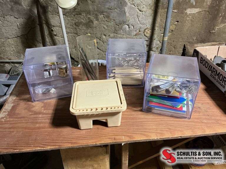 three clear plastic stackable storage drawers - paint brushes ...