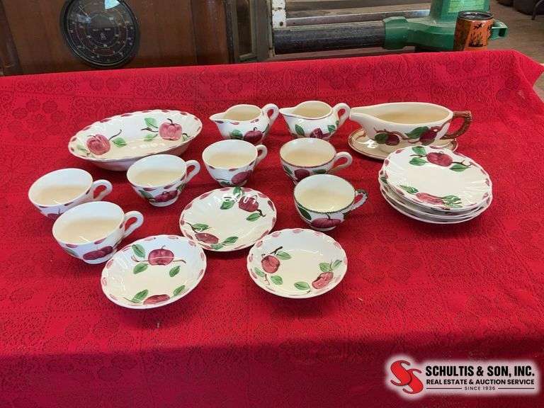 Blue Ridge crab apple bowls and plates, cups, cream, and sugar, gravy ...
