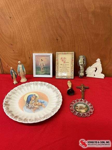 Religious collection of blessings, crosses, figurines & plate ...